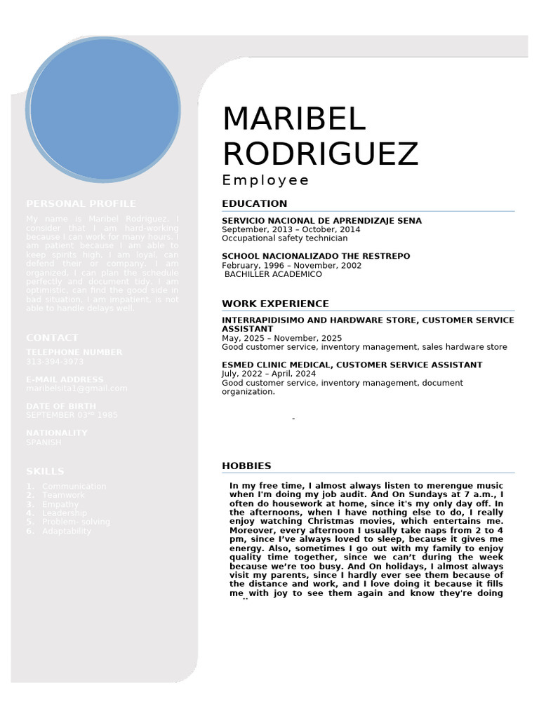 C.V TEMPLATE-Human Resources - Maribel Rodríguez | PDF