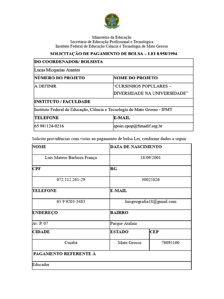 Modelo - Solicitacao de Pagamento de Bolsa %e2%80%93 Lei 8.958.1994 ...