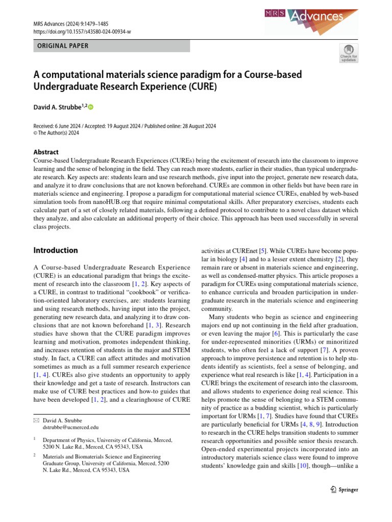 A Computational Materials Science Paradigm For A Course-Based ...