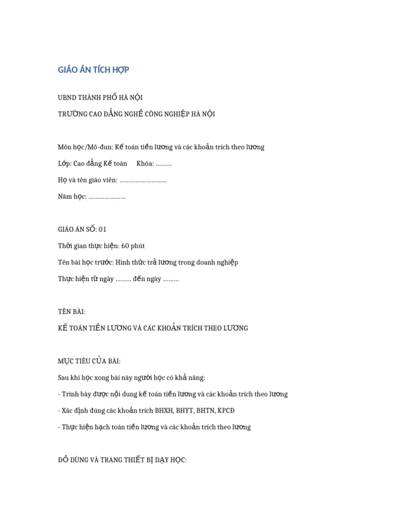 Giao an Tich Hop Ke Toan Tien Luong 60p | PDF