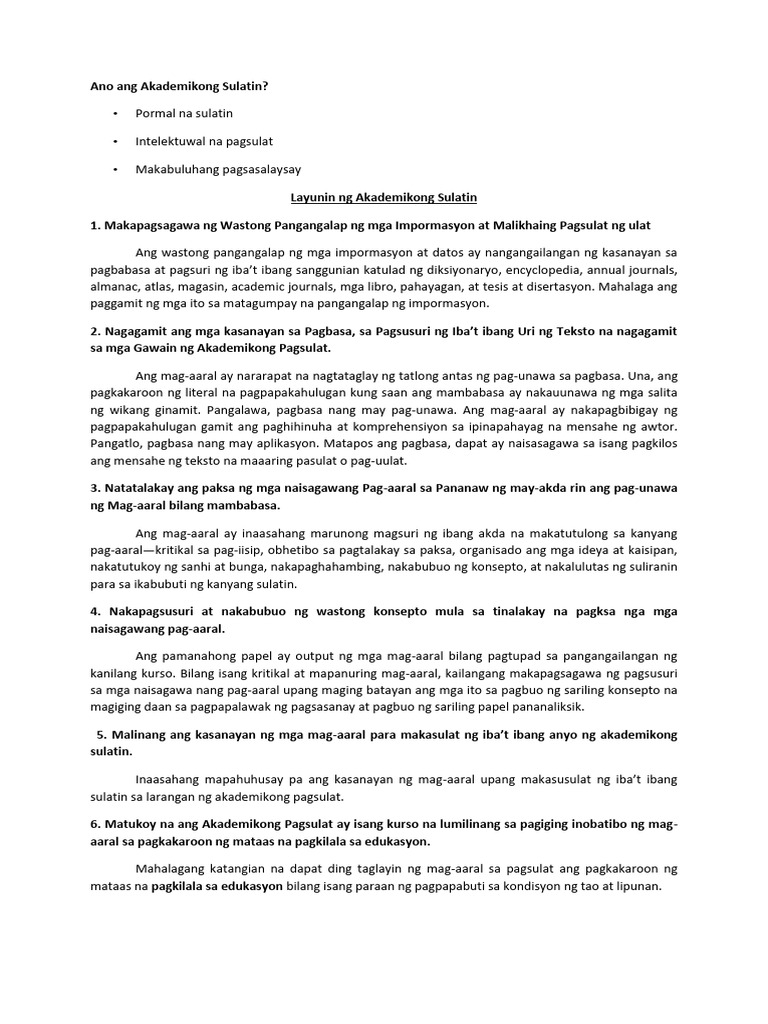 Aralin 2 Layunin Ng Akademikong Sulatin Handouts | PDF