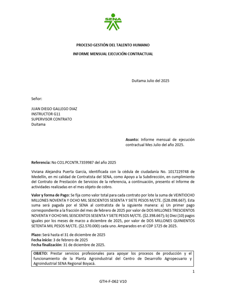 Gth-f-062-Formato Informe Mensual de Ejecución Contractual | PDF