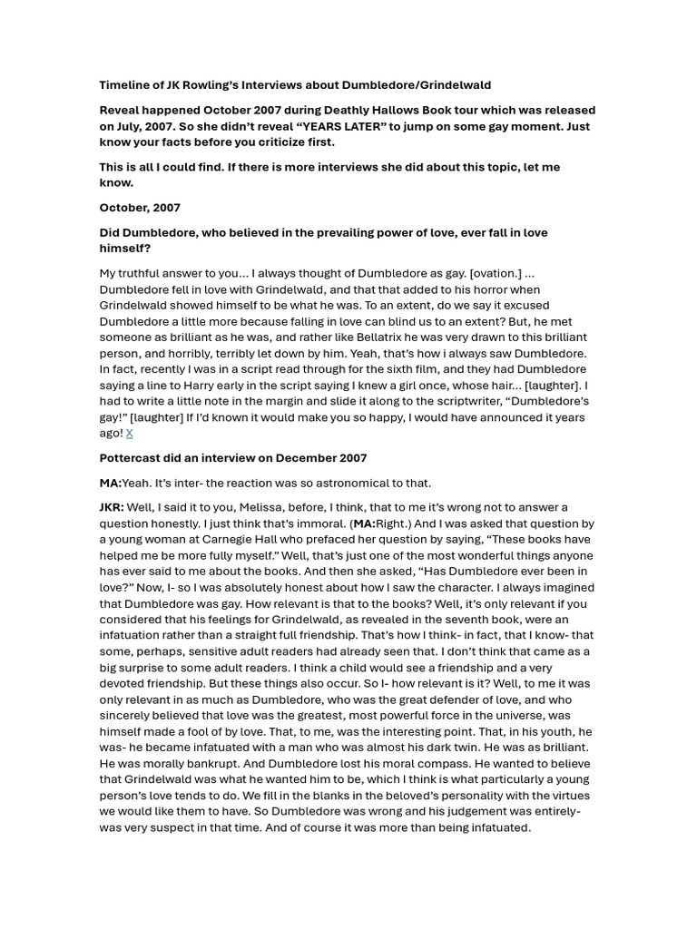 Timeline of JK Rowling Intereviews About Dumbledore and Grindelwald ...