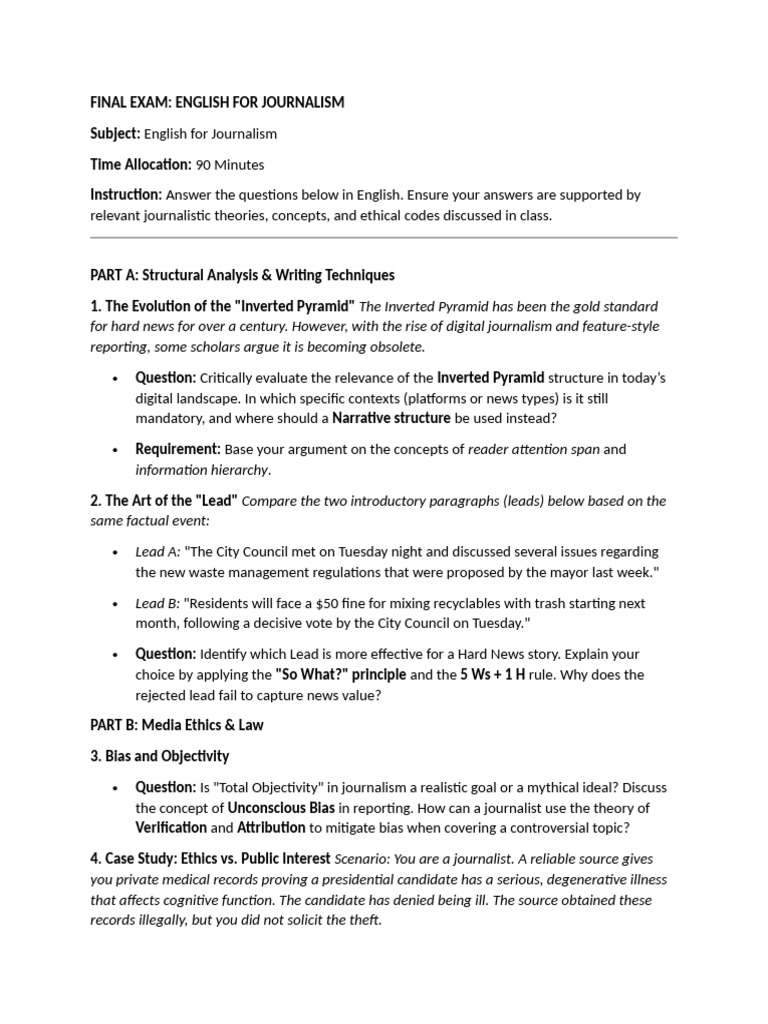 English for Journalism Final Exam Guide | PDF | Journalism | News