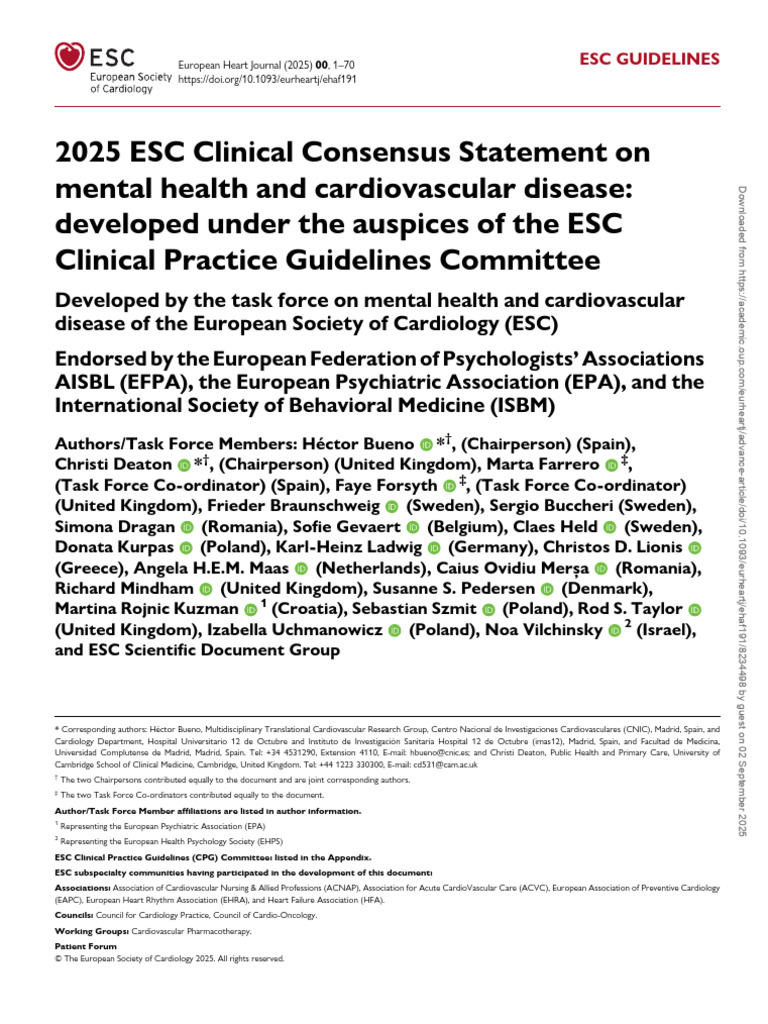 Mental Health and CVD ESC 2025 European society of cardiology | PDF ...