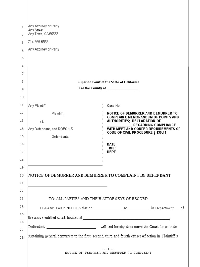 Sample Demurrer To Complaint For Lack of Standing in California | PDF ...