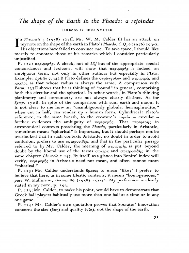 The Shape of the Earth in the Phaedo a Rejoinder | PDF | Plato ...