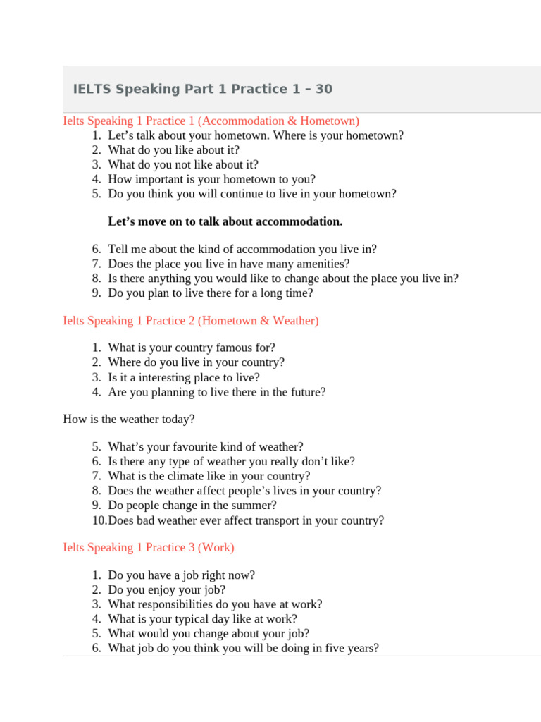 IELTS Speaking Part 1 Practice Topics | PDF | Adolescence | Pet