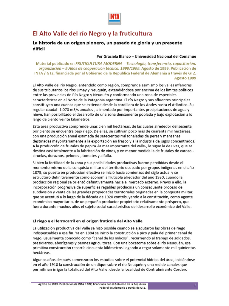Historia Del Alto Valle Fruticola Prof Blanco INTA | PDF | Mercado ...