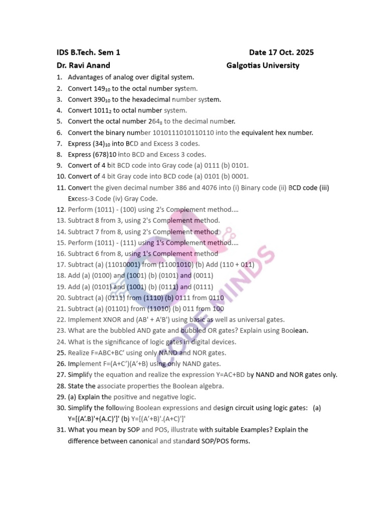IDS - Practice Questions - Sem 1 - MTE - Nov 2025 - DR Ravi Anand | PDF