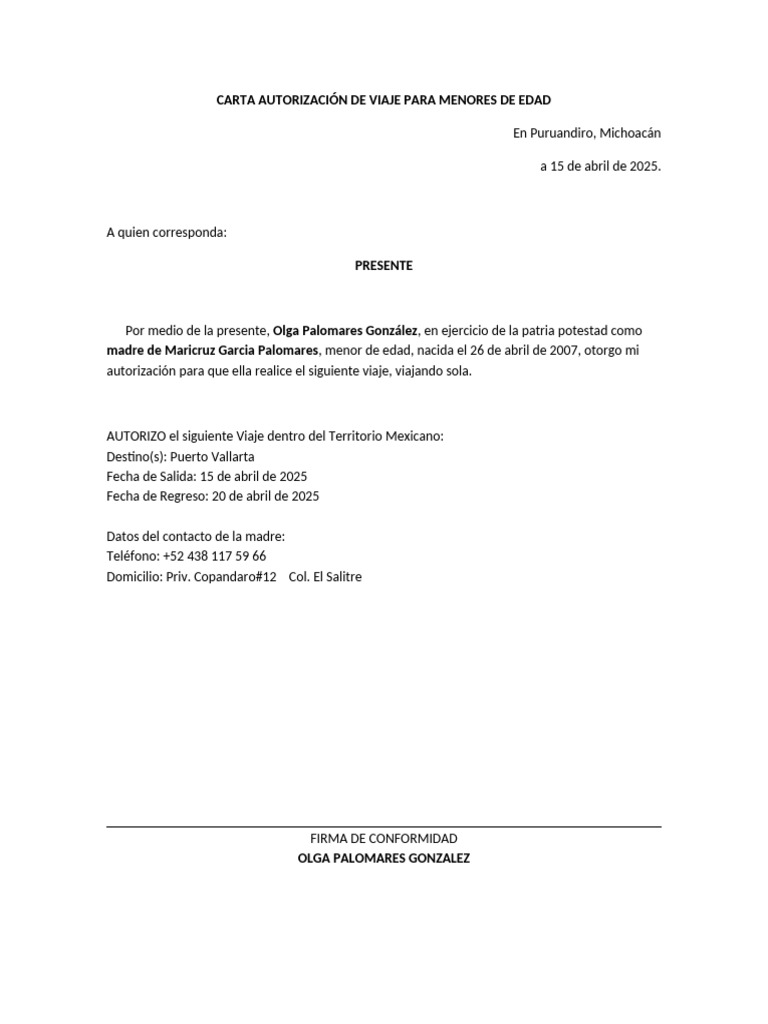 Carta Autorización de Viaje Para Menores de Edad | PDF