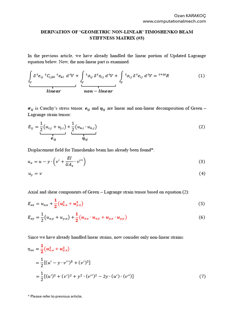 Derivation of Geometric Non-Linear' Timoshenko Beam Stiffness Matrix ...