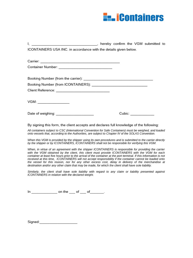 VGM Confirmation Form for Shipping | PDF