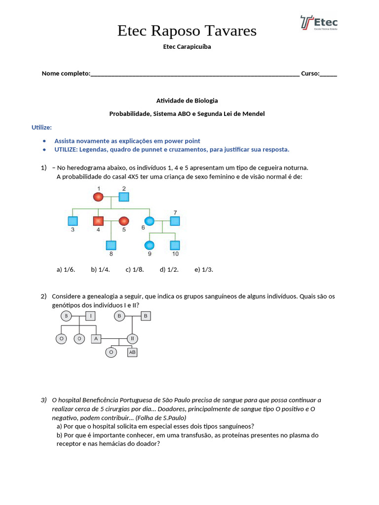 Atividade de Genética Probabilidade, Abo e Se (1) | PDF | Alelo ...