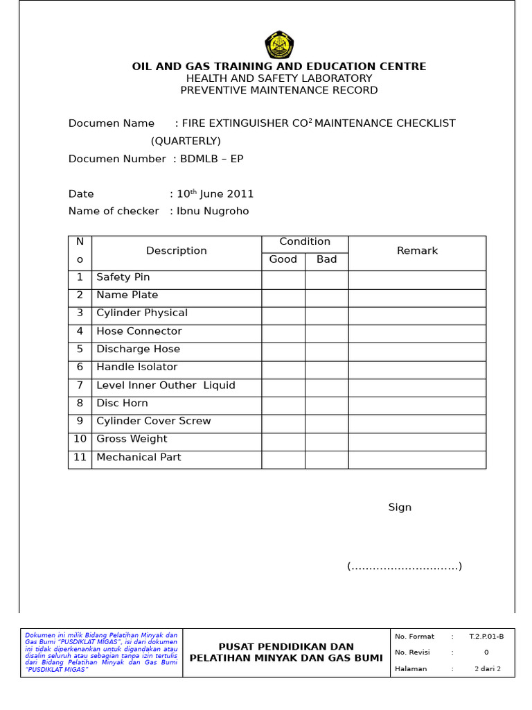 Checklist Pemeliharaan Alat Pemadam CO2 | PDF