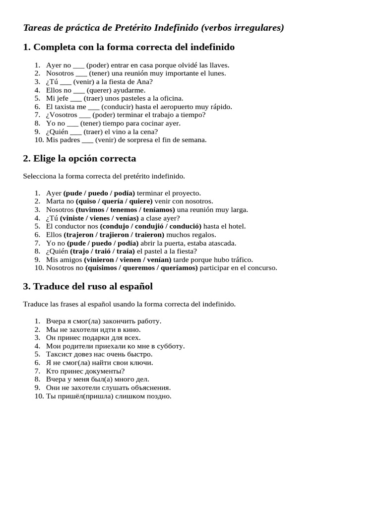 Tareas de Práctica de Pretérito Indefinido | PDF