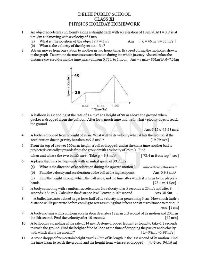 CLASS XI Physics Holiday H.W. 25-26 | PDF | Acceleration | Velocity
