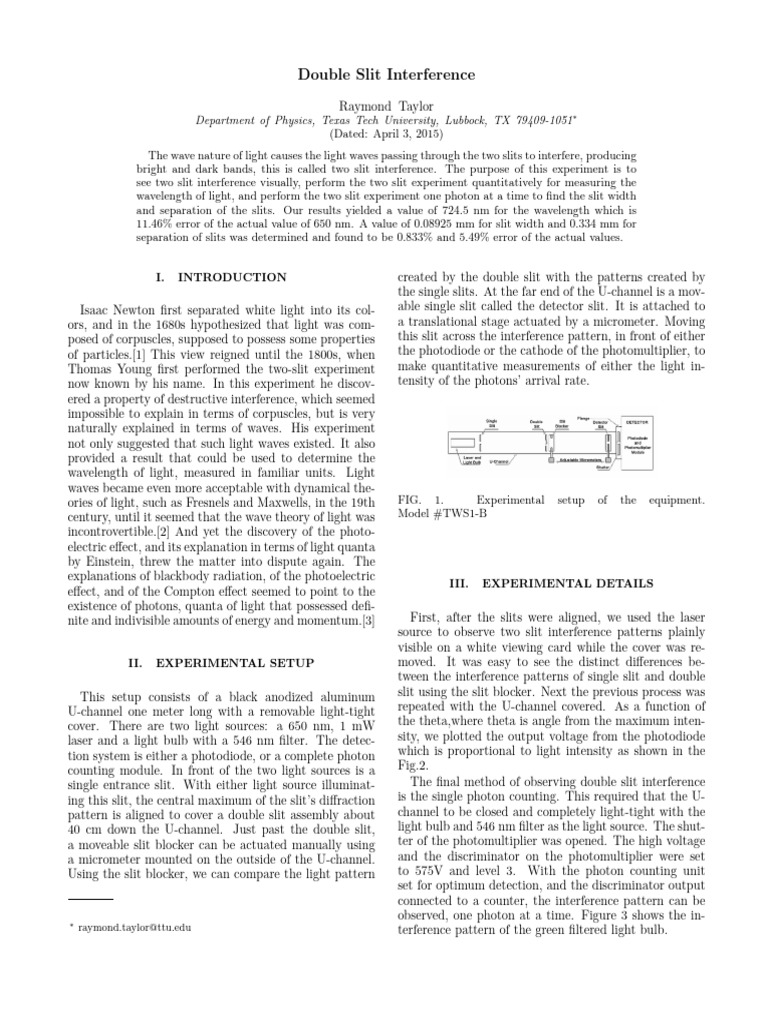 Two-Slit Interference Experiment Results | PDF | Light | Wavelength