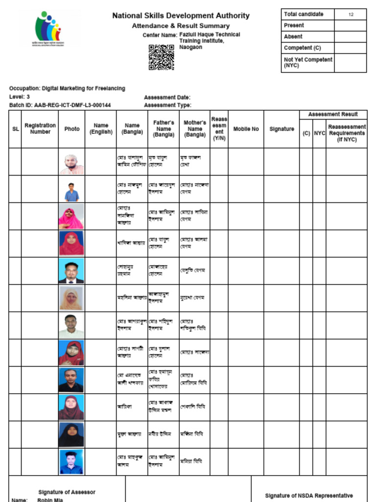Attendance and Result Sheet For Assessor One | PDF