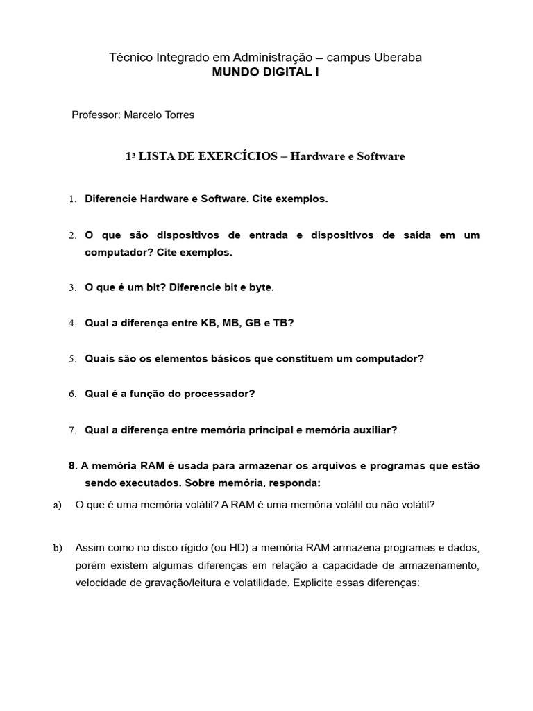 1ª lista de Exercícios - 1º trimestre - Mundo Digital I | PDF | Armazenamento de dados de ...