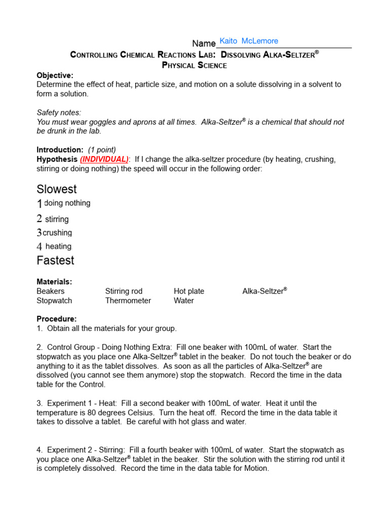 Alka-Seltzer Dissolving Lab Experiment | PDF | Heat | Water