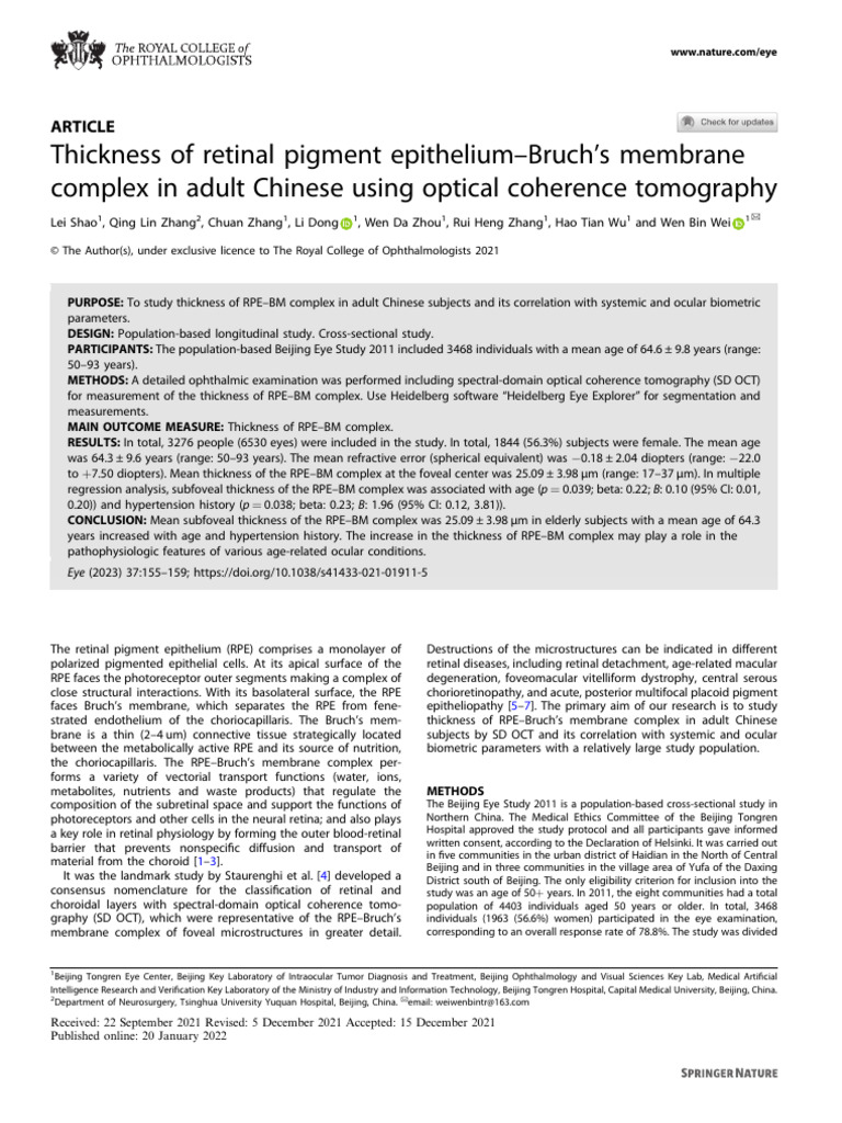 Thickness of Retinal Pigment Epithelium-Bruch's Membrane | PDF | Retina ...