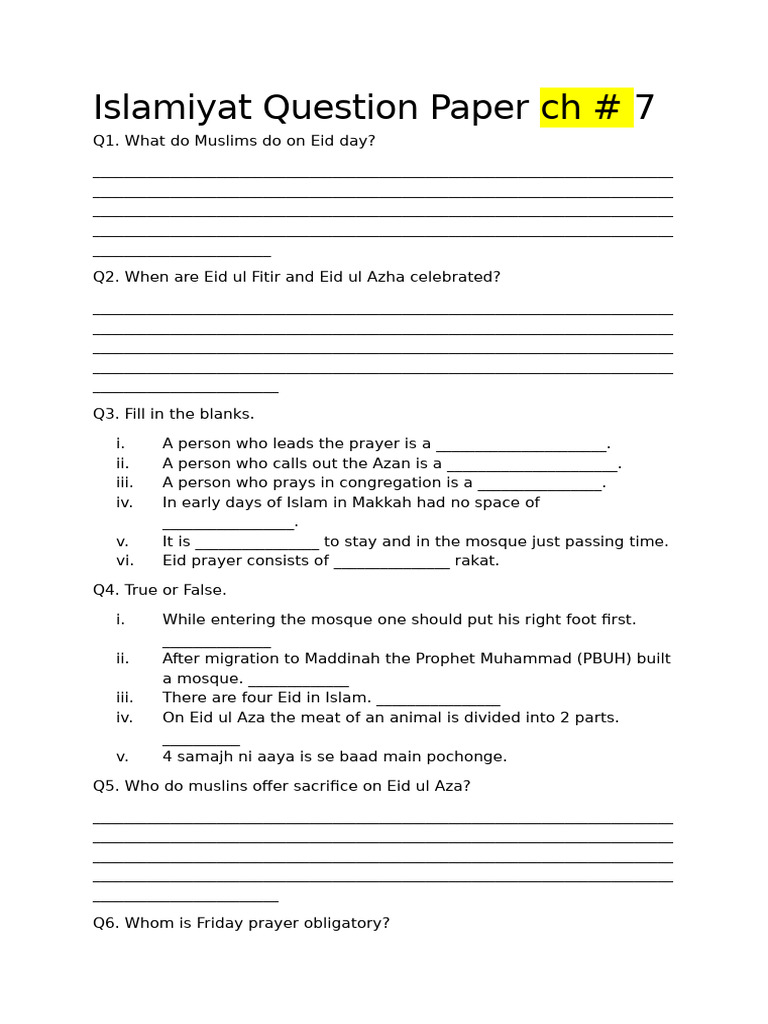 Islamiyat Eid and Mosque Practices Quiz | PDF | Mosque | Sharia