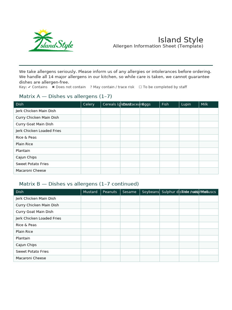 Island Style Allergen Info | PDF | French Fries | Salad