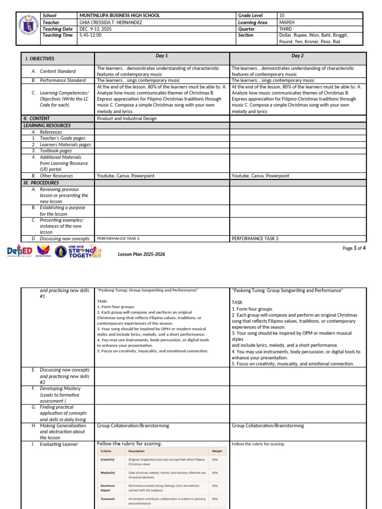 Hernandez Mapeh 10 Dlp 3rd Qtr-music Christmas | PDF | Cognition ...