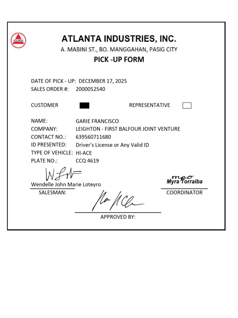 Pick Up Form - Lfbjv | PDF