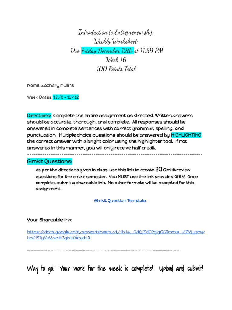 Week 16 - Weekly Worksheet - Intro to Entrepreneurship - Google Docs | PDF