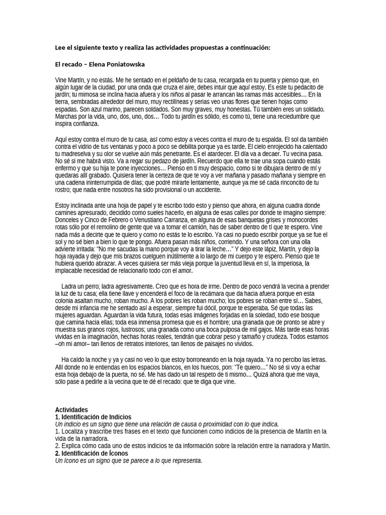 Análisis del relato "El recado" de Poniatowska | PDF | Las emociones