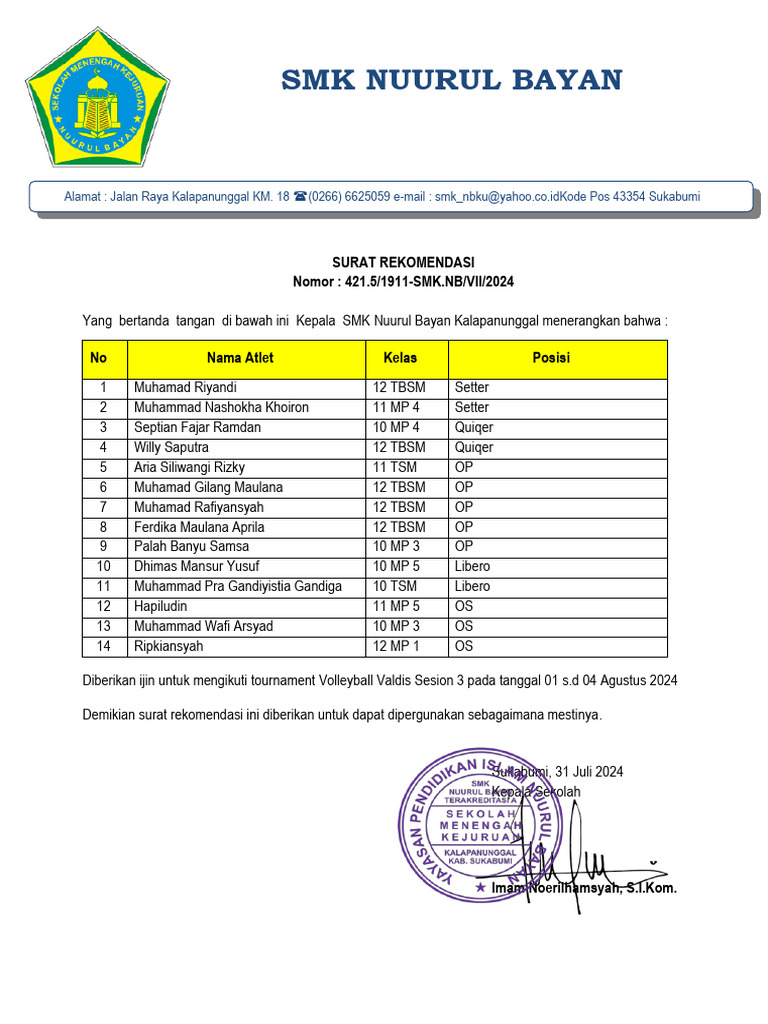 Surat Rekomendasi Voli Valdis | PDF