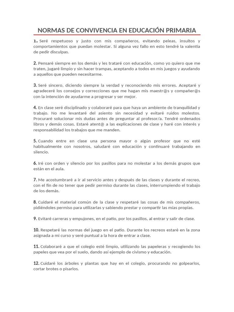 Normas de Convivencia Escolar Primaria | PDF | Salón de clases ...