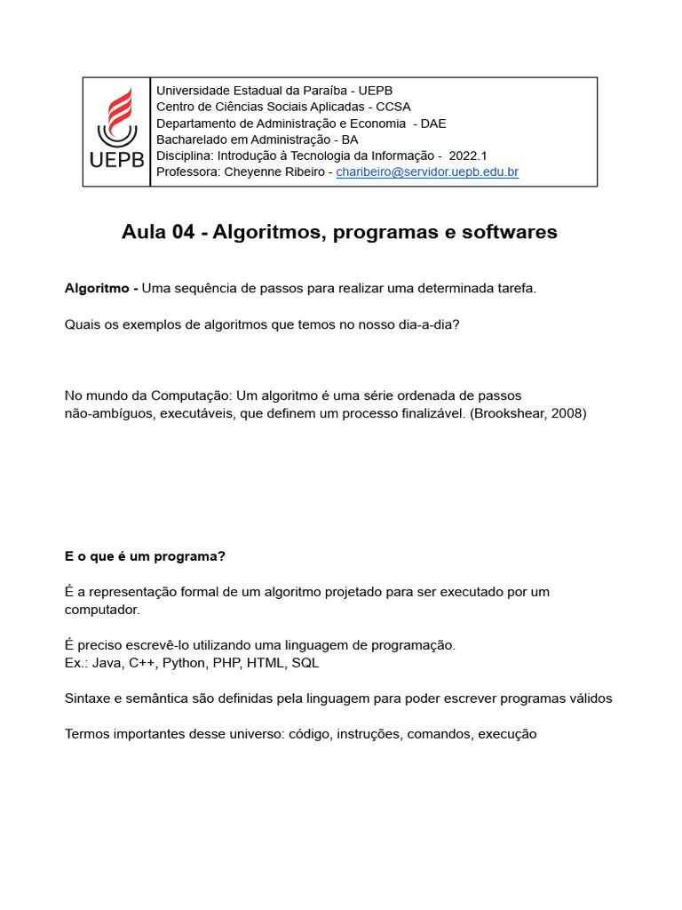 Aula 04 - Algoritmos, Programas e Softwares 2022.1 | PDF | Programas ...