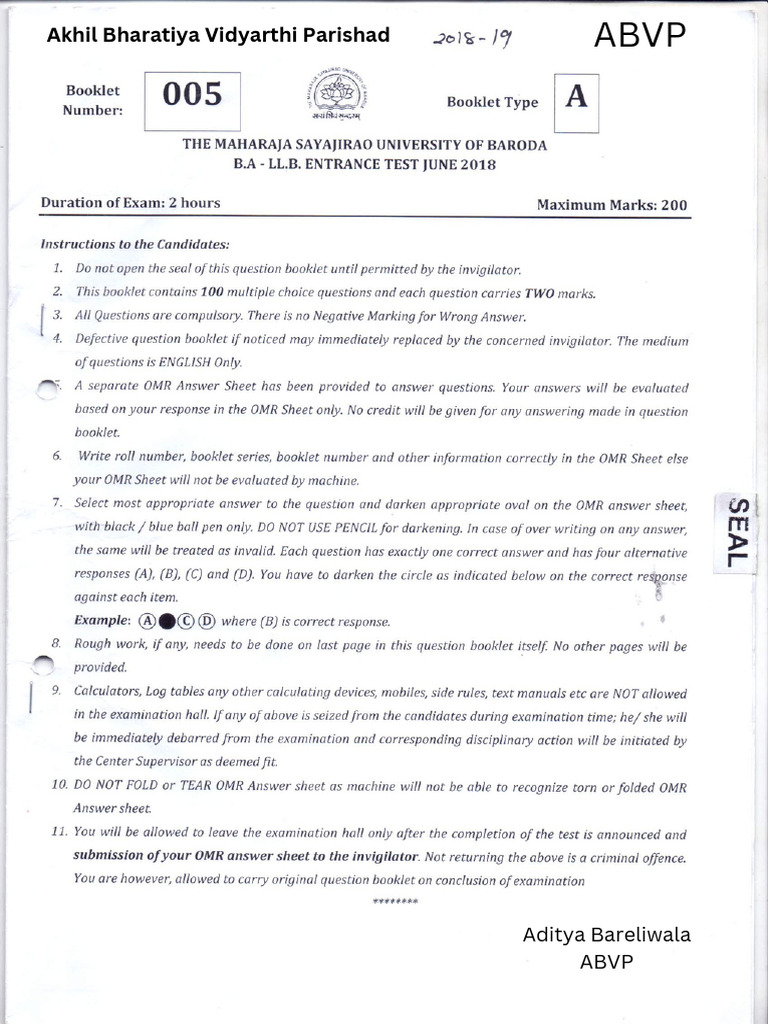 ABVP 2018 BALLB Entrance Paper | PDF