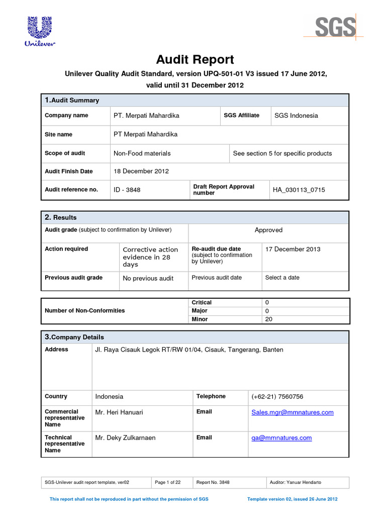 Unilever Audit Report for PT Merpati Mahardika | PDF | Audit