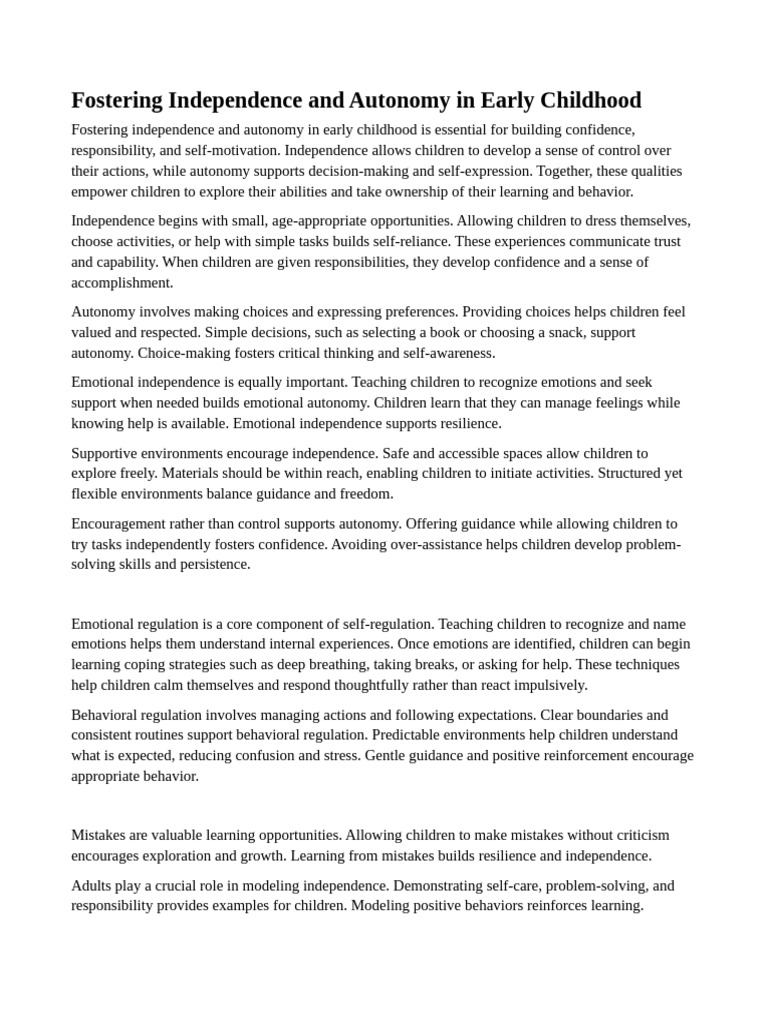 Fostering Independence and Autonomy in Early Childhood | PDF ...