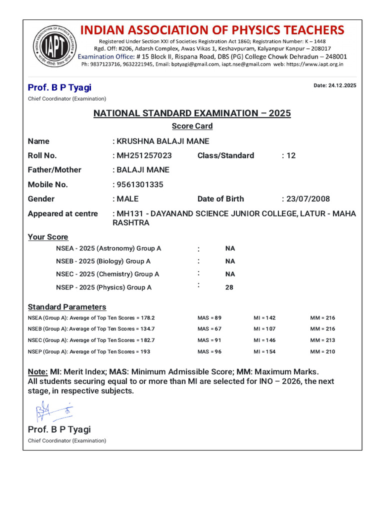 NSEA 2025 Score Card for Krushna Mane | PDF