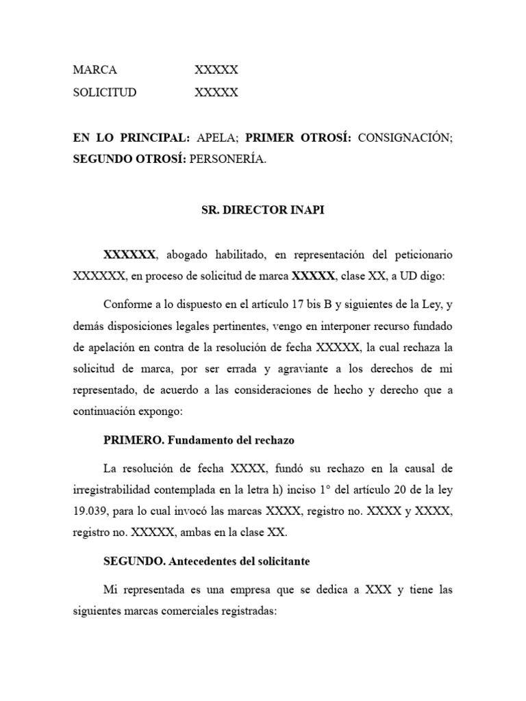 Formato Apelación Rechazo Marca Ante El TDPI | PDF | Marca comercial ...