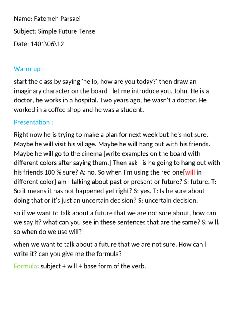 Simple Future Lesson Plan | PDF