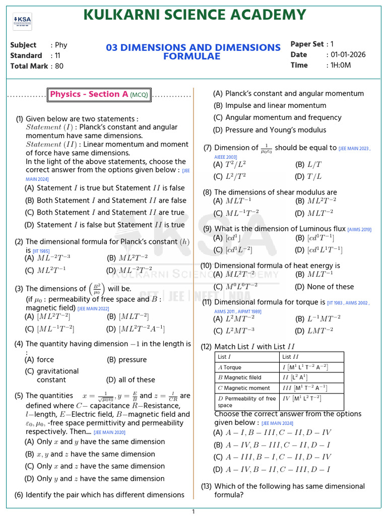 Physics Dimensional Analysis MCQs | PDF | Capacitor | Momentum