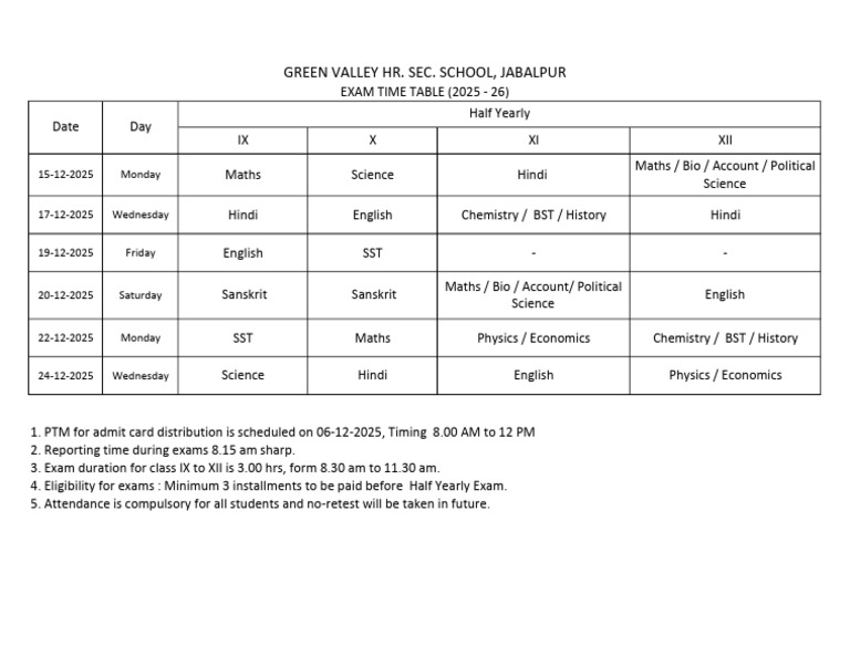 Exam Time Table Class Ix To Xii MP Board 25-26 | PDF