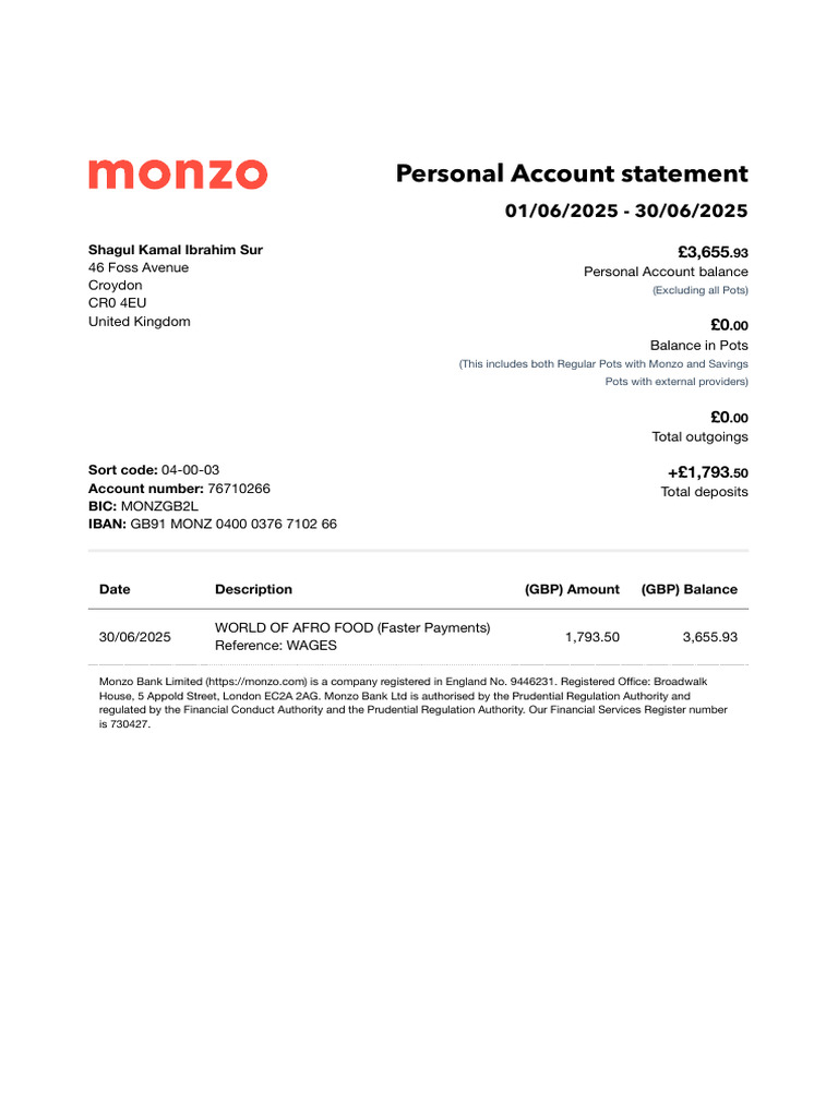Monzo - Bank - Statement - 2025 06 01 2025 06 30 - 4577 | PDF | Banking ...