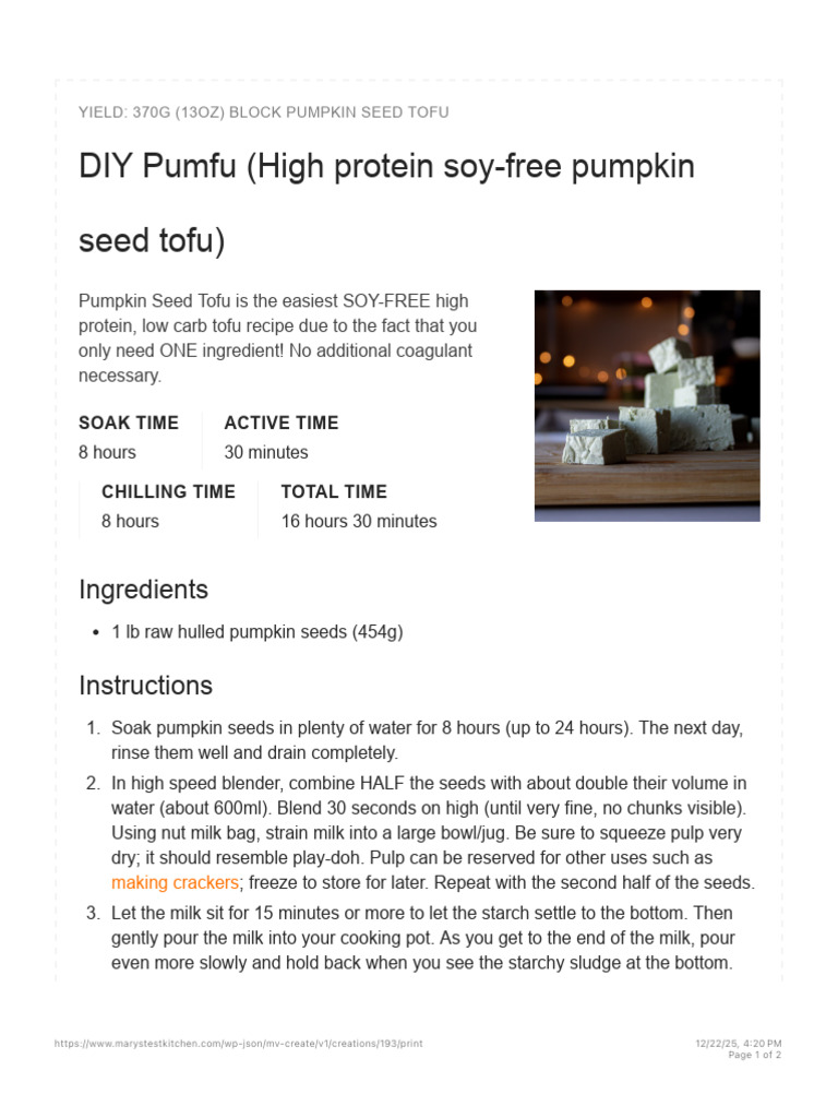 DIY Pumfu (High Protein Soy-Free Pumpkin Seed Tofu) - Mary's Test ...