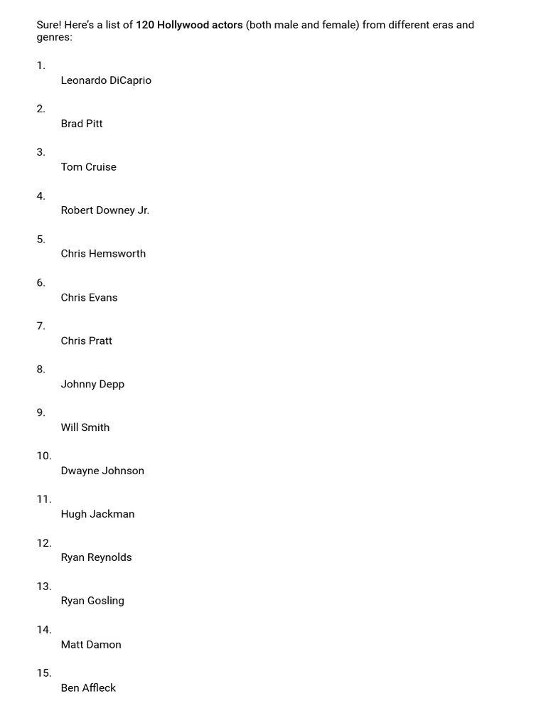 120 Notable Hollywood Actors List | PDF | American Film People | Male ...