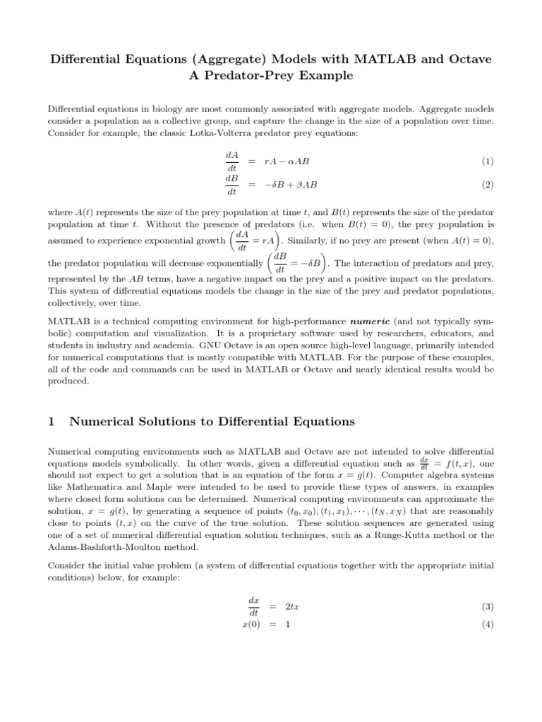Differential Equations (Aggregate) Models With MATLAB and Octave A Predator-Prey Example | PDF ...