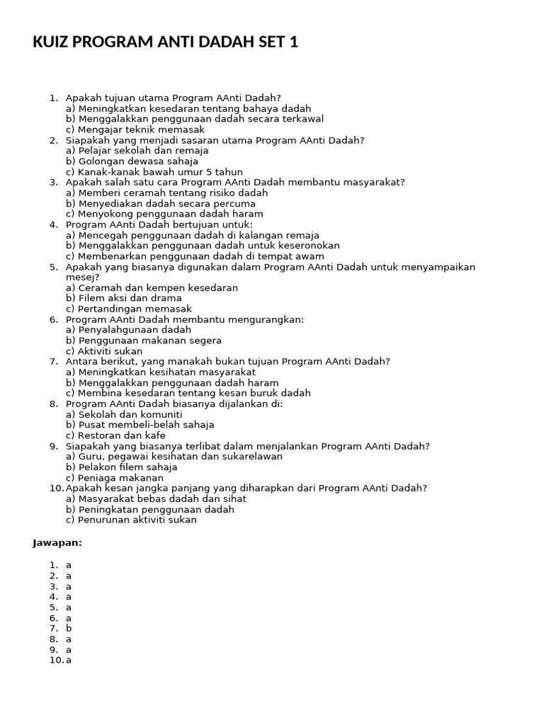 Kuiz Program Anti Dadah Set 1 | PDF