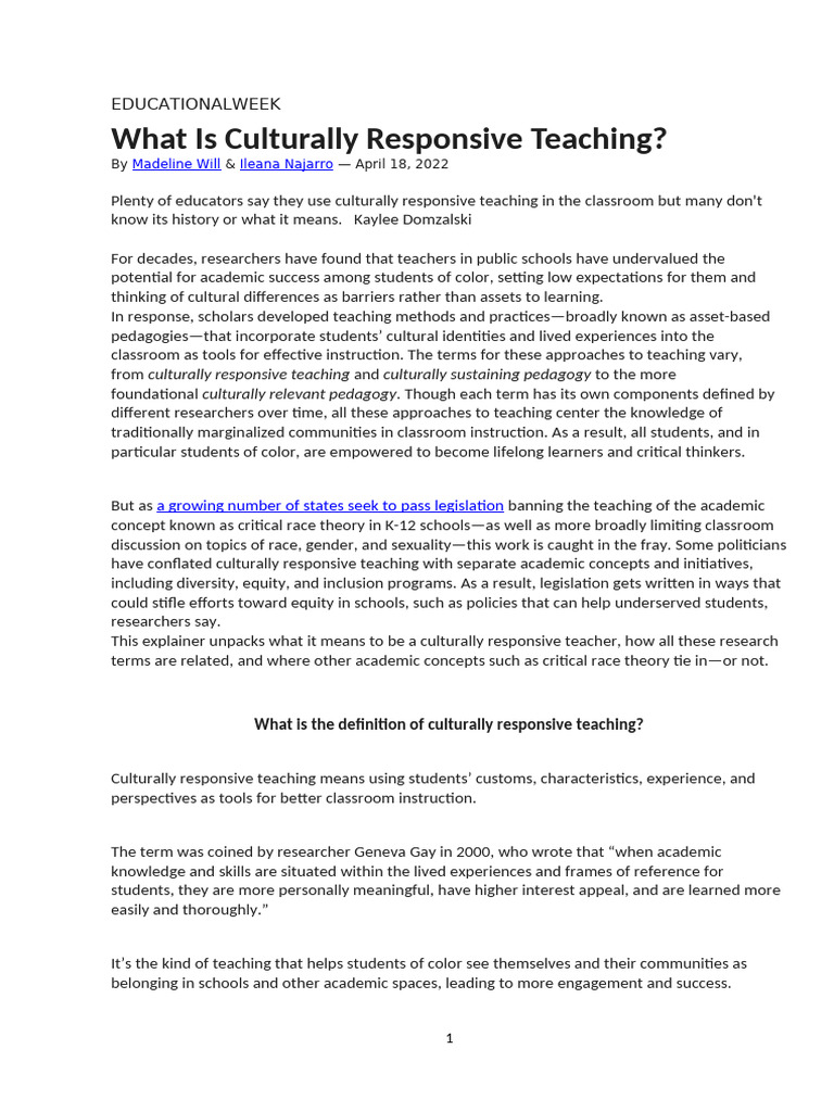 Understanding Culturally Responsive Teaching | PDF | Teachers | Pedagogy