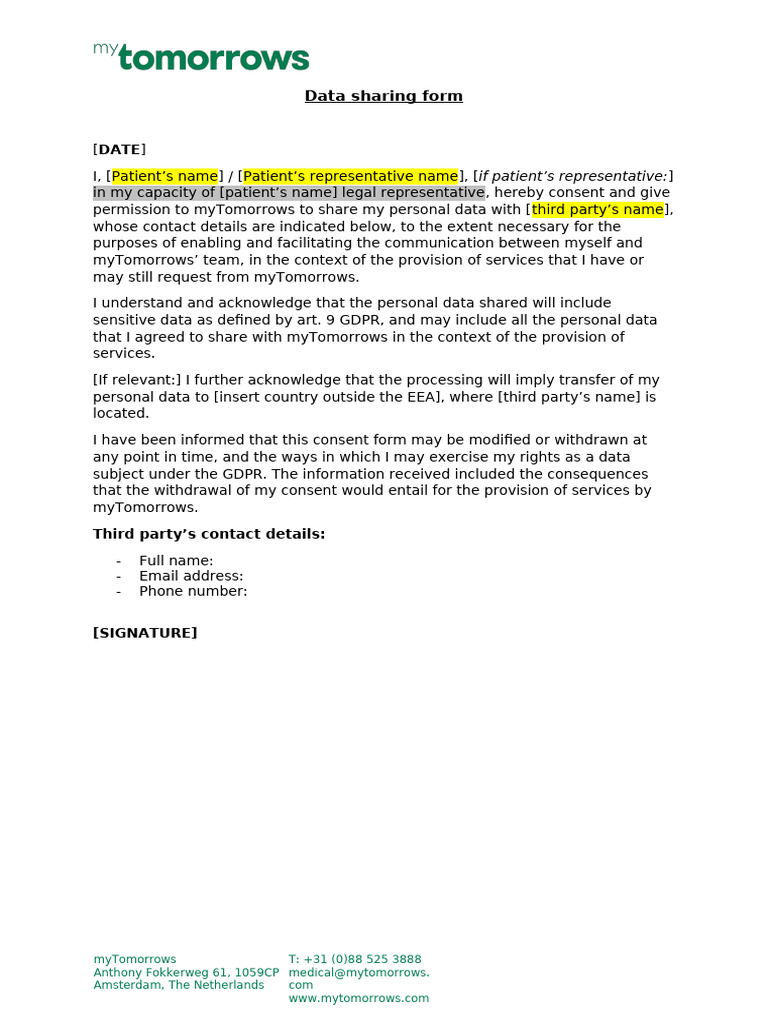 Data Sharing Form On Behalf of An Adult Patient | PDF